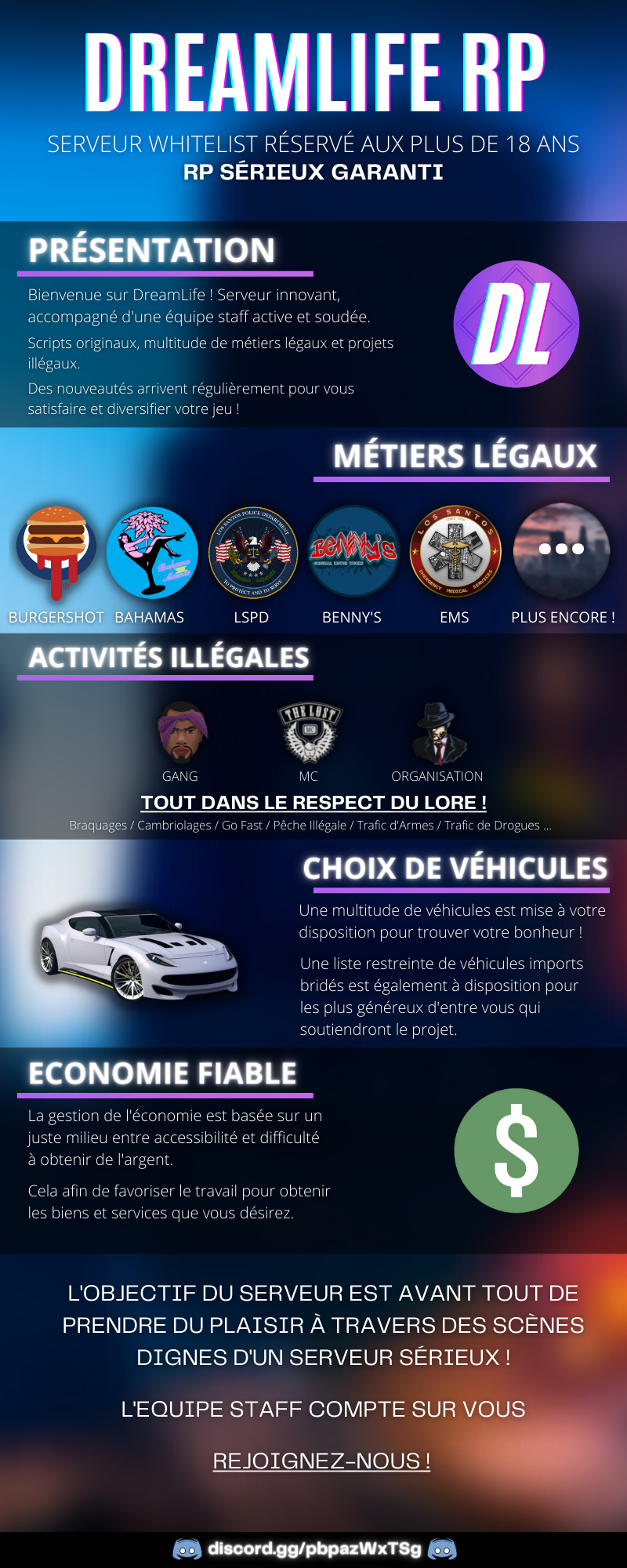 DreamLife RP | Serious | Whitelist +18 | Légal/Illégal Développé - Serveur GTA